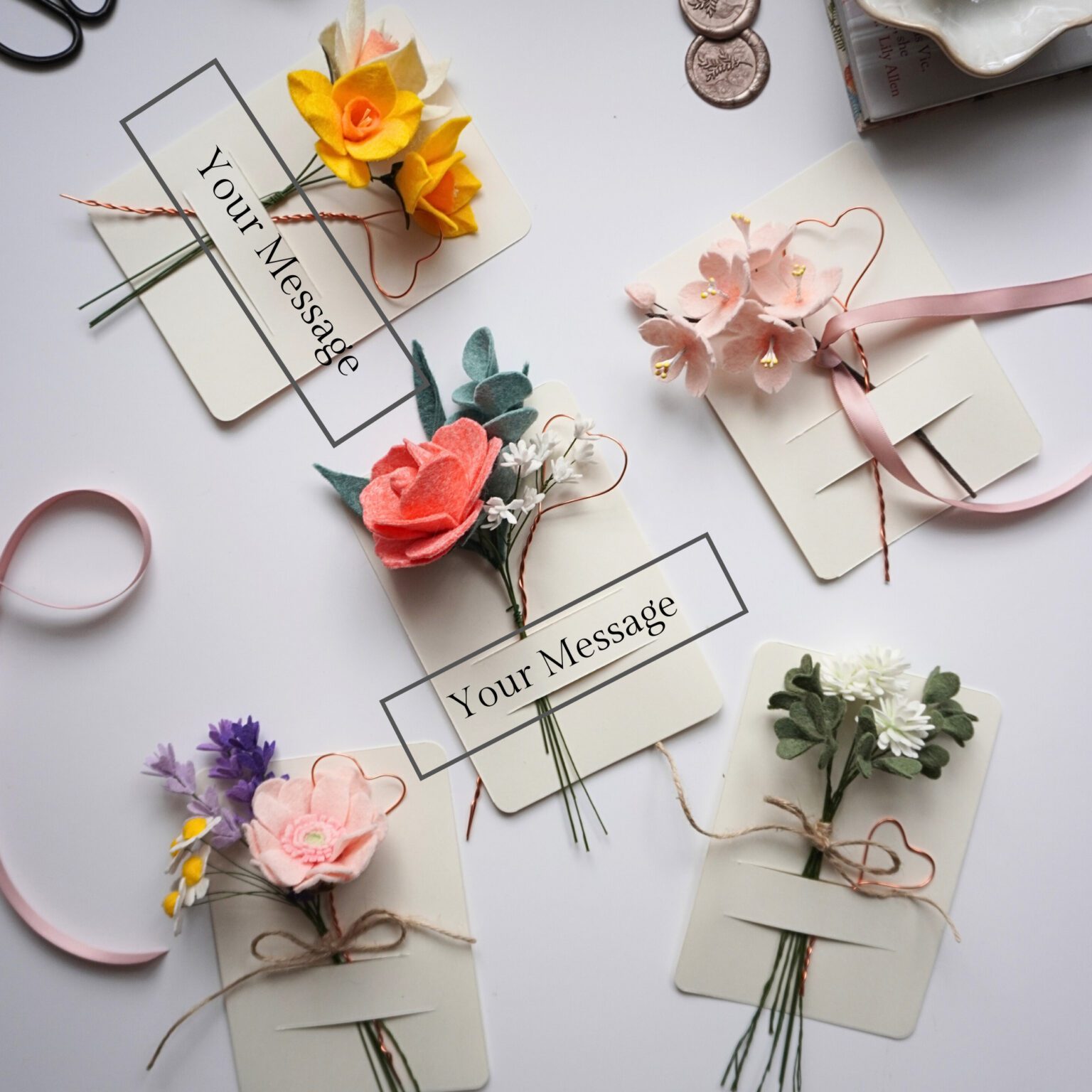 Felt mini flower card with Personalised Message - Gilda Display Font ...